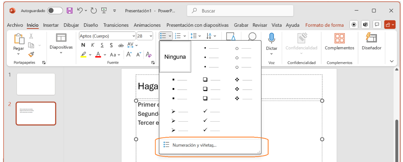 Uso de listas con viñetas o numeradas | Inserción de texto y objetos